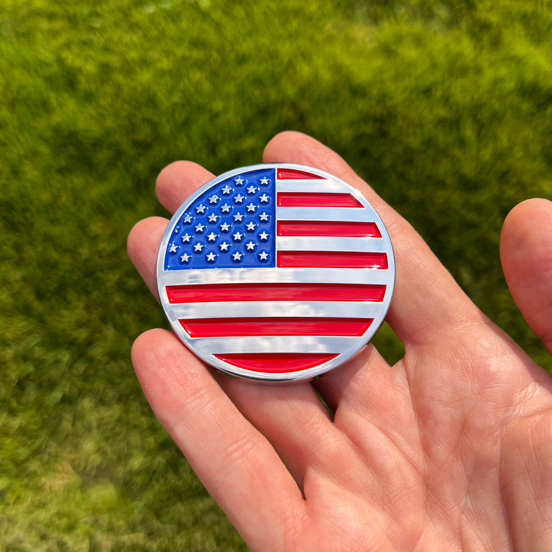 the ROUND USA FLAG Chrome Badge | Grateful Fred