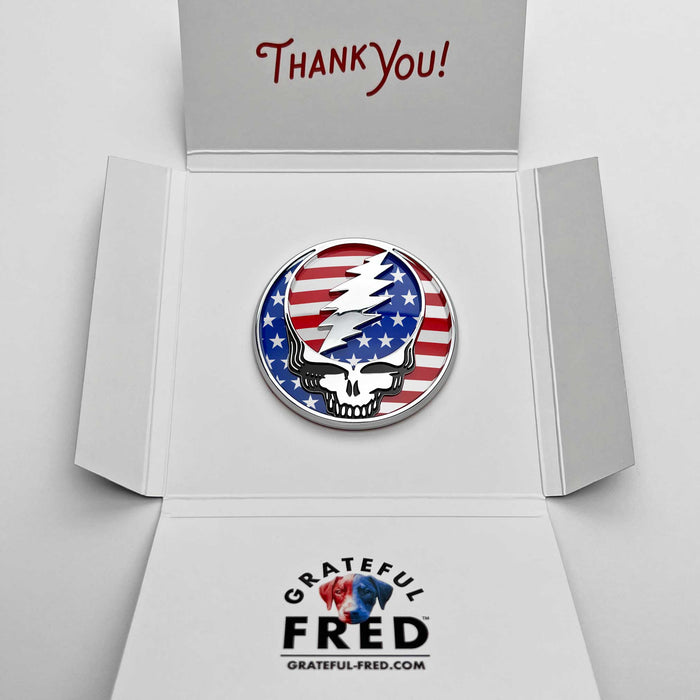 the STARS + STRIPES STEALIE Chrome Car Badge | Grateful Fred
